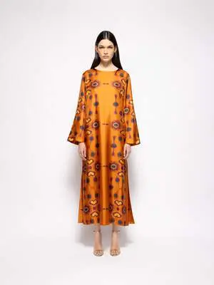PAULA Shirley Hawaii Flower Printed Silk Twill A-line Dress - Orange