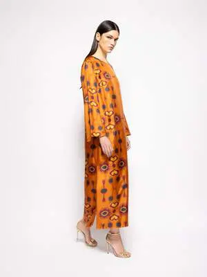 PAULA Shirley Hawaii Flower Printed Silk Twill A-line Dress - Orange