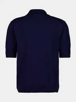 Balmain Navy Écusson Embroidered Knit Polo Shirt - Blue