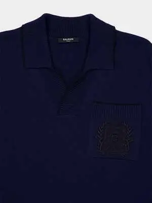 Balmain Navy Écusson Embroidered Knit Polo Shirt - Blue