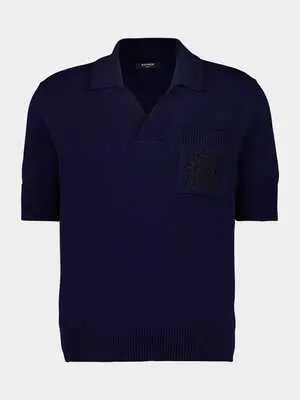 Balmain Navy Écusson Embroidered Knit Polo Shirt - Blue