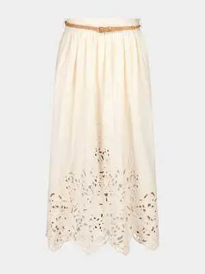 Zimmermann Embroidered Linen Midi Skirt - Cream