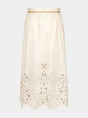 Zimmermann Embroidered Linen Midi Skirt - Cream