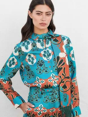 PAULA Printed Twill Silk Shirt - Blue