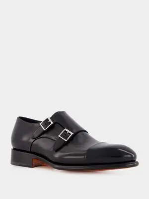Santoni Leather Double-buckle Shoes - Black