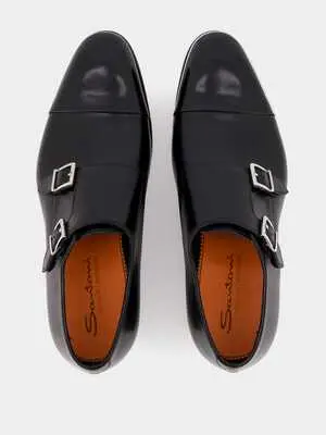 Santoni Leather Double-buckle Shoes - Black