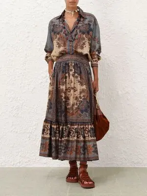Zimmermann Ascension Indienne Floral Silk Midi Skirt - Blue