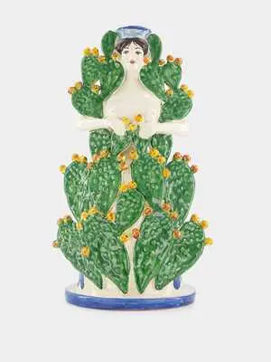 LES-OTTOMANS Cactus Lady Ceramic Candle Holder - Green