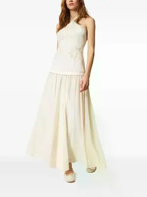 TWINSET Halterneck Embroidered Linen Blend And Georgette Maxi Dress - Neutrals