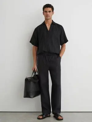 REISS Quest Linen Pinstripe Open-collar Shirt - Black