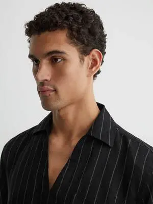 REISS Quest Linen Pinstripe Open-collar Shirt - Black