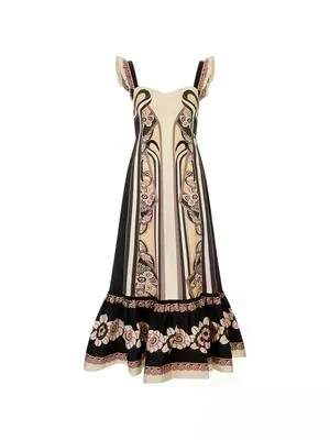 La DoubleJ Floral Ruffled Midi Dress - Black