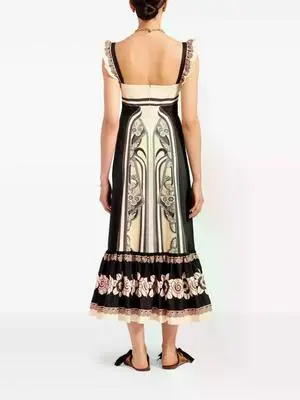 La DoubleJ Floral Ruffled Midi Dress - Black