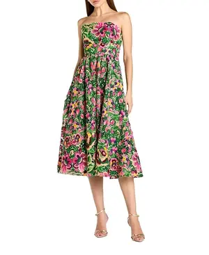 Mac Duggal Floral Embroidered Strapless Midi Dress - Green Multi