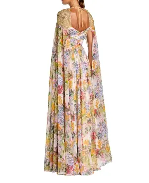 Mac Duggal Printed Chiffon Gown With Beaded Cape Sleeves