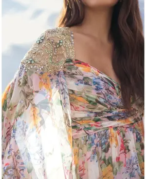 Mac Duggal Printed Chiffon Gown With Beaded Cape Sleeves