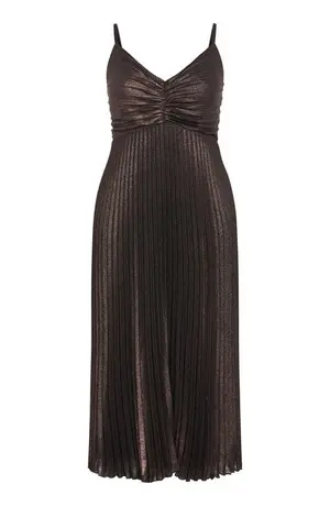 City Chic Ariana Pleated Metallic Dress - Bronze Sparkle
