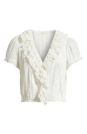 DÔEN Bernadette Pleated Lace Trim Top - Salt