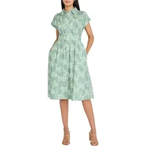 Maggy London Cap Sleeve Stretch Cotton Midi Shirtdress - Sage/ivory