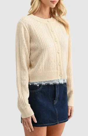 ALL IN FAVOR Lace Trim Pointelle Cardigan - Butter