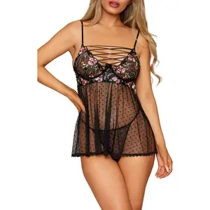 DREAMGIRL Strappy Mesh Chemise & G-string Set - Black