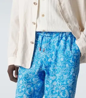 Kiton Printed Linen Pants - Blue