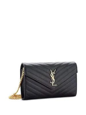 Saint Laurent Classic Monogram Wallet On Chain Matelasse Chevron Leather Medium Crossbody Bag - Black