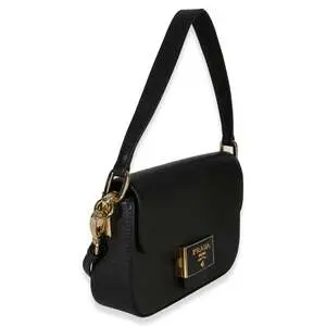 Prada Saffiano Lux Leather Embleme Flap Shoulder Bag - Black