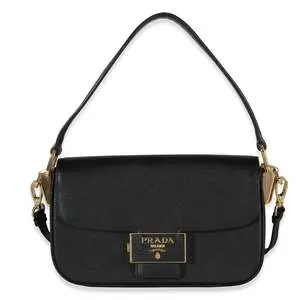 Prada Saffiano Lux Leather Embleme Flap Shoulder Bag Black