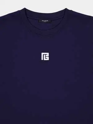 Balmain Navy T-shirt With Embroidered Pb Logo - Blue