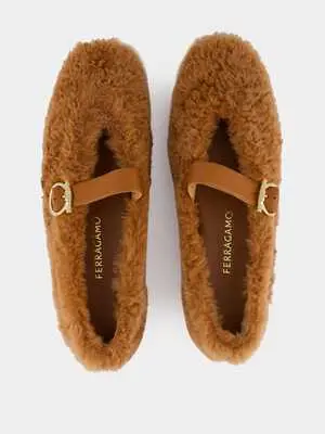 FERRAGAMO Cedar Shearling Ballet Flats - Brown