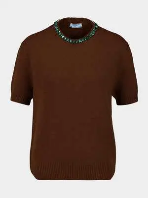 Prada Wool-cashmere Sweater With Crystal Appliqués - Brown