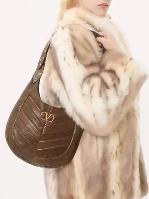 Valentino Garavani Small Hobo Bag In Chevron Nappa Leather - Brown