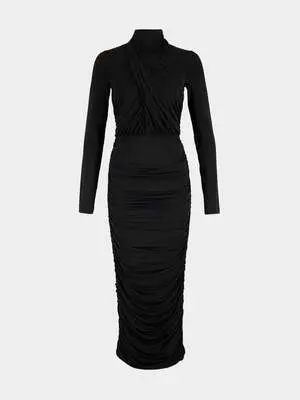 Balmain Pleated Jersey Midi Dress Black