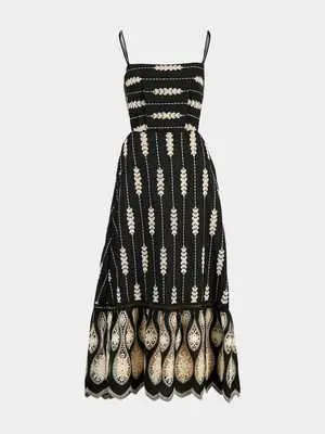 Johanna Ortiz Nostalgica Embroidered Voile Midi Dress - Black