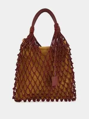 PAULA Big Marble Coffee Bean Leather Macramé Maxi Tote Brown