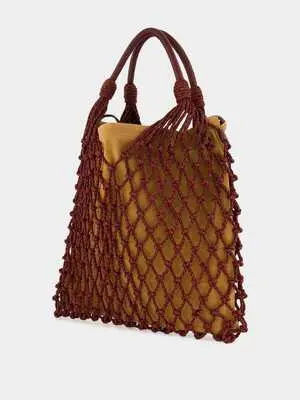 PAULA Big Marble Coffee Bean Leather Macramé Maxi Tote - Brown