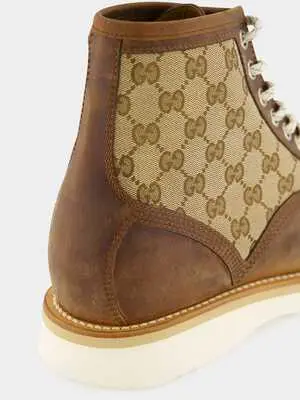 Gucci Leather Ankle Boot With Gg Canvas Insert - Brown