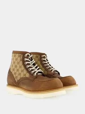 Gucci Leather Ankle Boot With Gg Canvas Insert - Brown