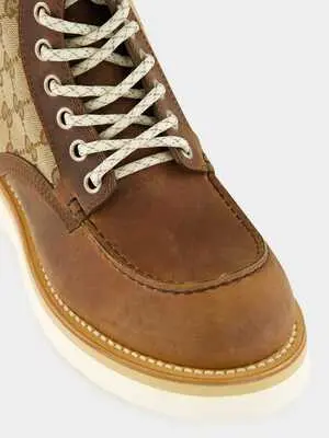 Gucci Leather Ankle Boot With Gg Canvas Insert - Brown