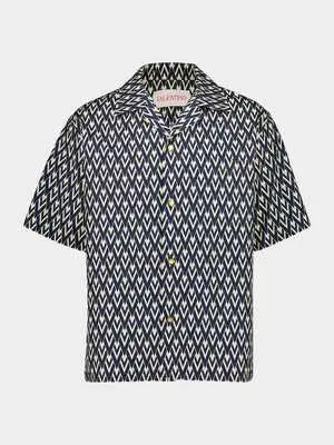 Valentino Garavani Navy Toute La V Cotton Popeline Bowling Shirt