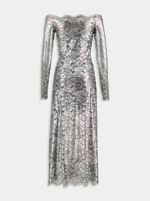 Rabanne Foil Lace Long Dress - Silver