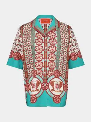 La DoubleJ Pagoda Placée Cotton Poplin Bowling Shirt - Blue