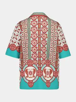 La DoubleJ Pagoda Placée Cotton Poplin Bowling Shirt - Blue