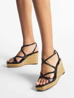 JIMMY CHOO Ayla 110 Leather Wedge Sandals - Black