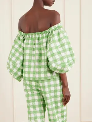 Rosie Assoulin Empire Balloon Off-the-shoulder Checked Cotton Blouse - Green