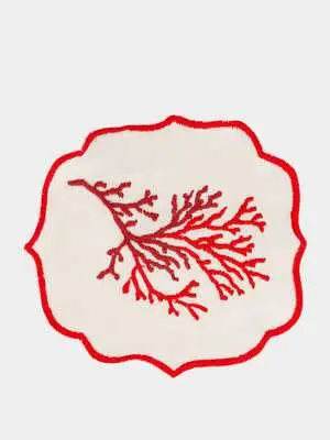 LES-OTTOMANS Hand-embroidered Cotton Cocktail Napkins Set - Red