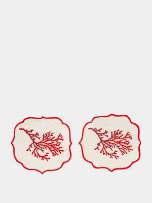 LES-OTTOMANS Hand-embroidered Cotton Cocktail Napkins Set - Red