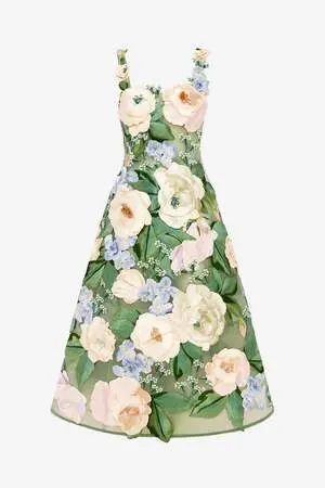 LEO LIN Beatrice Floral Hand-embroidered Midi Dress - Blossom