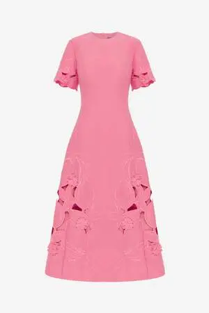 LEO LIN Caroline Appliqué Short Sleeve Midi Dress - Fuchsia